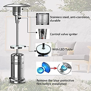 ROMONICA 48000BTU outdoor garden Silvery heater high vertical hammer facing garden outdoor heater propane vertical, with wheels and LED table, stainless steel - 8 set