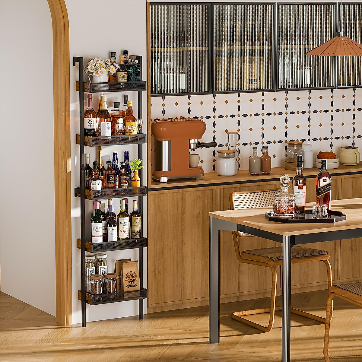 5-Tier Freestanding Wine Racks: 50 Bottles Wine Rack Shelf Wall Mounted with Fences, Wines Bottle Holder Display Shelf, Liquor Storage for Kitchen, Dining Room, Bar, Wood, 17.28''L x 7.95''W x 68.5''H