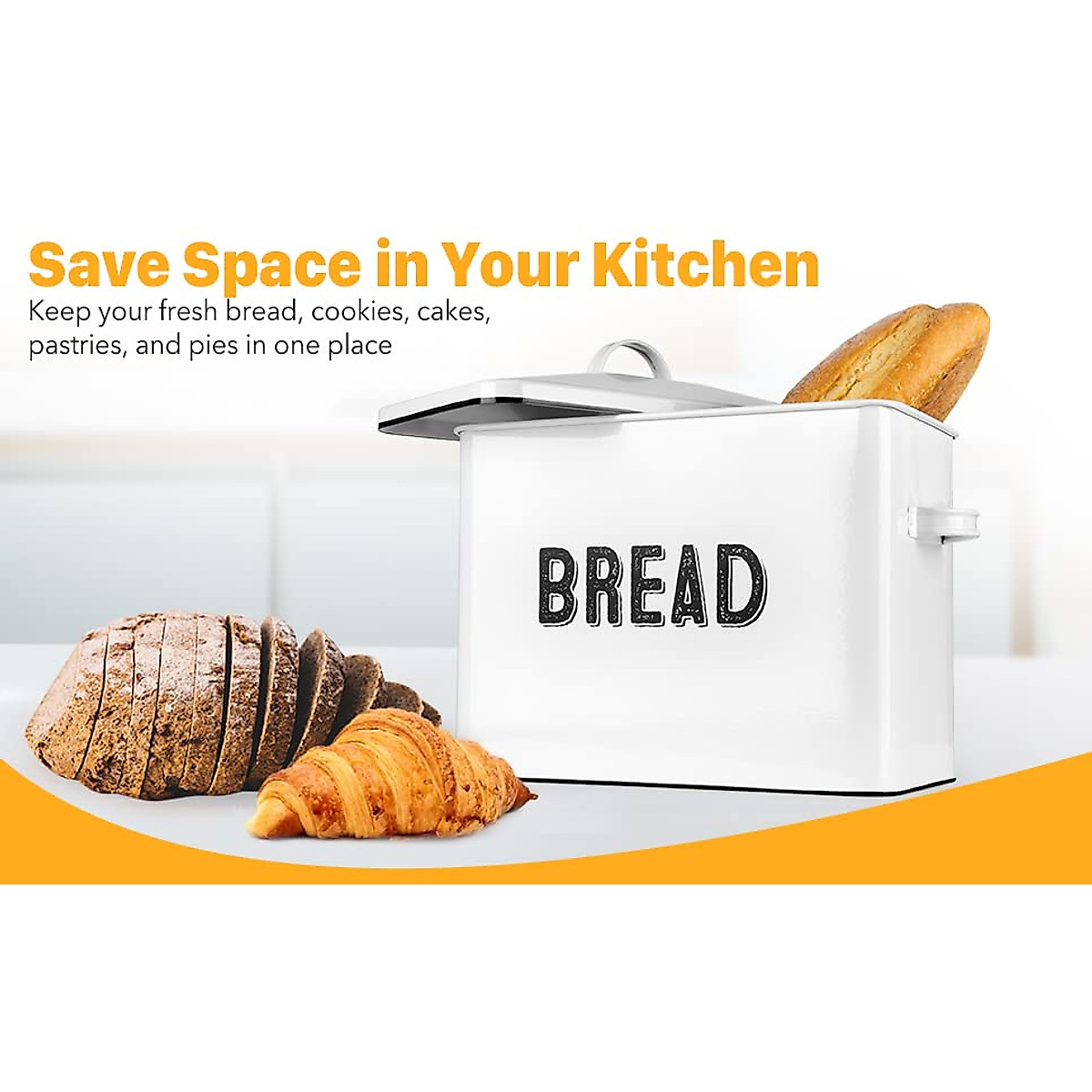 Granrosi Large Bread Box for Kitchen Countertop, Bread Storage Container, Breadbox, Bread Container, Bread Holder, Bread Keeper, Bread Boxes - Farmhouse Bread Box with Metal Lid - White