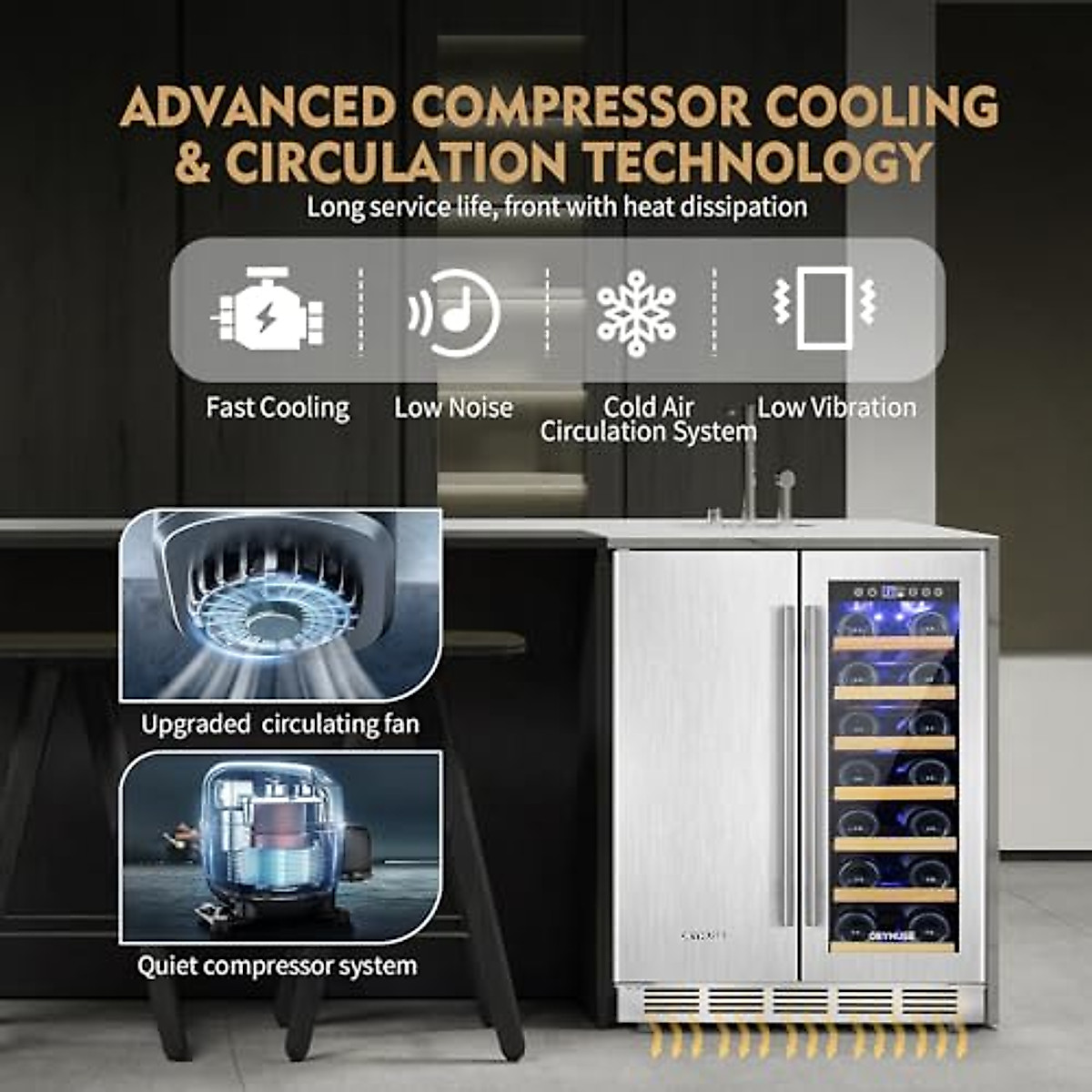 ORYMUSE Wine and Beverage Refrigerator, 24 Inch Stainless Steels Beverage Fridge Dual Zone, Wine Beverage Cooler Built-in or Freestanding with Upgraded Cooling, 20 Bottles and 88 Cans Large Capacity