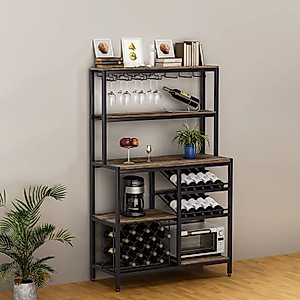 MSTFLOR Wine Rack Table,39.4 Inch Freestanding Floor Liquor Bar Table Cabinet with Glass Holder Bottle Shelf, Modern Wine Bar Cabinet with Storage & Hook for Home Kitchen Dining Room, Rustic Oak