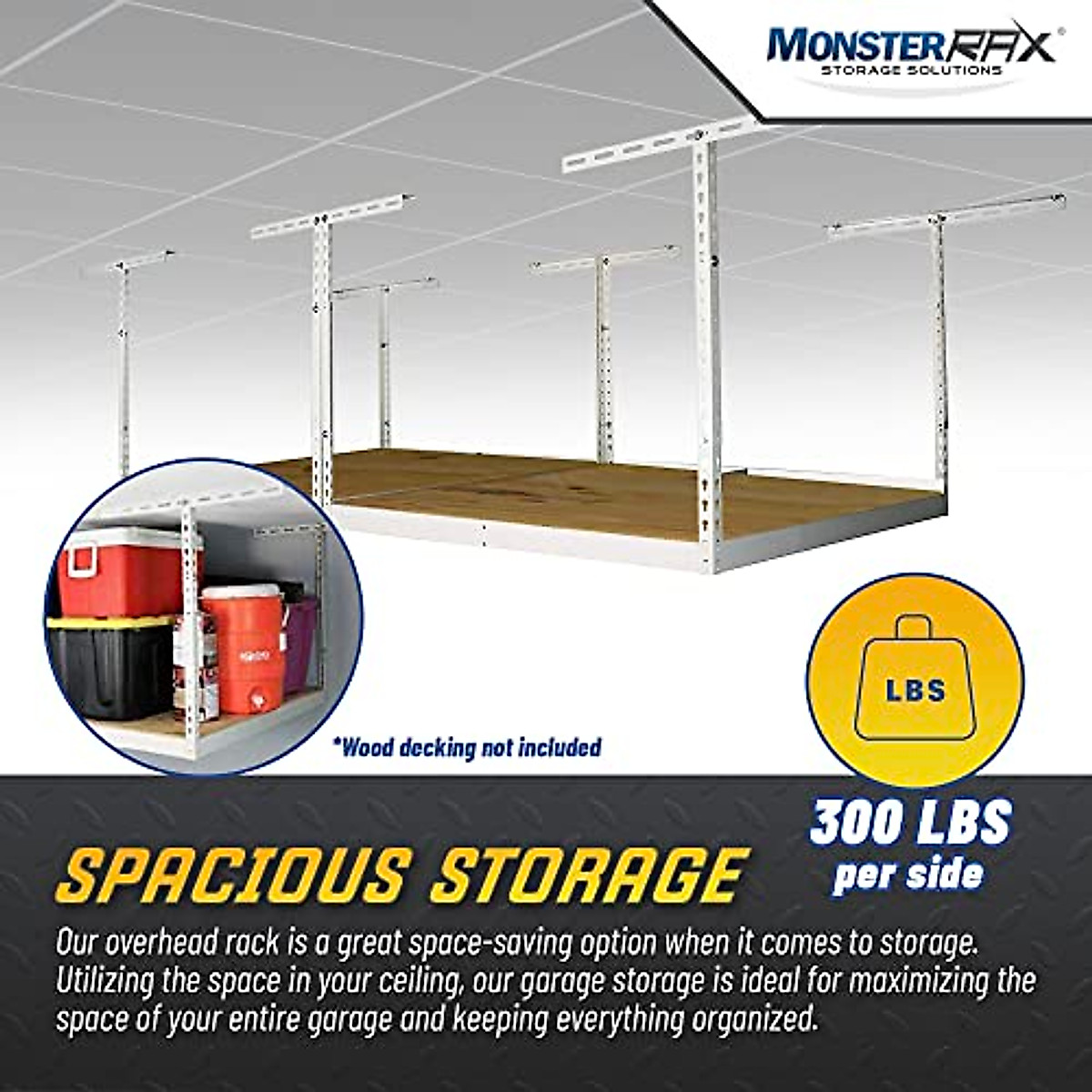 MonsterRax 4x8 Overhead Garage Storage Rack Frame Kit - Hanging Storage Shelves, Garage Ceiling Storage Rack System, Overhead Garage Organizers And Storage, Ceiling Shelving - (White, 24"-45")