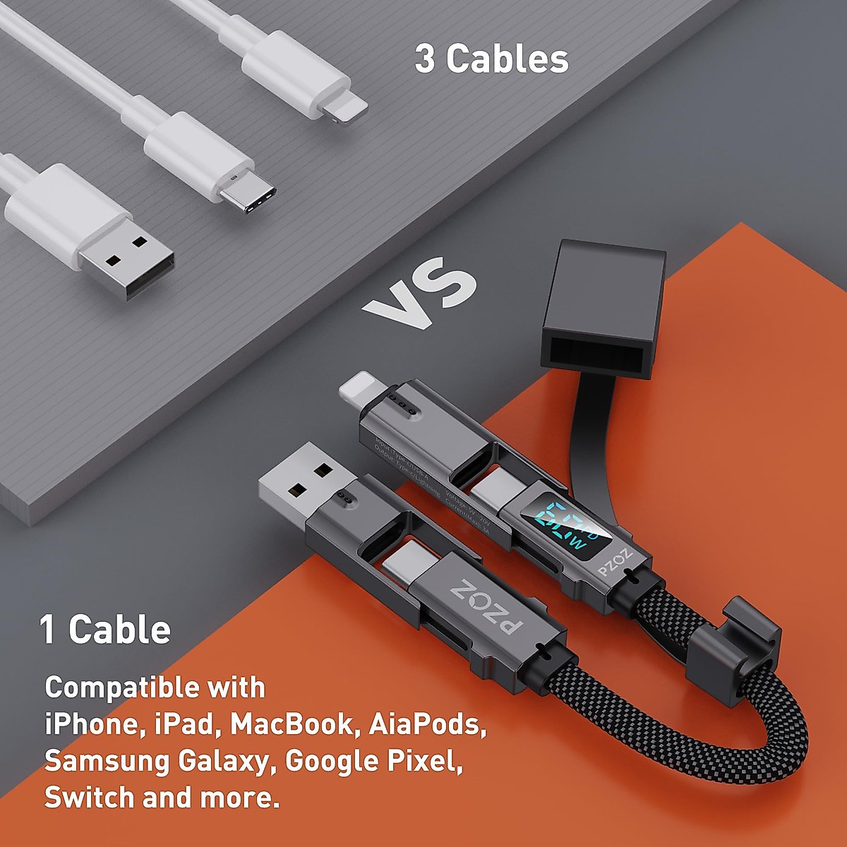 pzoz Multi Charging Cable Keychain Charger Cable with LED Display, 4-in-1 Multi USB C Fast Charging Combo Lightning/Type C/USB A/USBC for iPhone iPad MacBook AirPods Samsung Google (60W, 7.3 inchs)