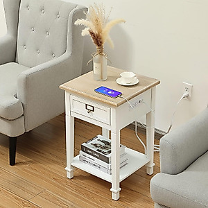Wnutrees End Table with Charging Station,2 USB Ports and 2 Outlets,Nightstand Bedside Table with Drawer and Open Storage Shelf,for Living Room Bedroom,White,Set of 2
