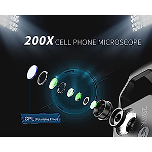 200X Phone Mini Pocket Microscope, with LED Light/Universal Clip, Portable Digital Microscope Camera Lens Attachments for Smartphone, Open up The microworld for Kids Adults (Black with CPL)
