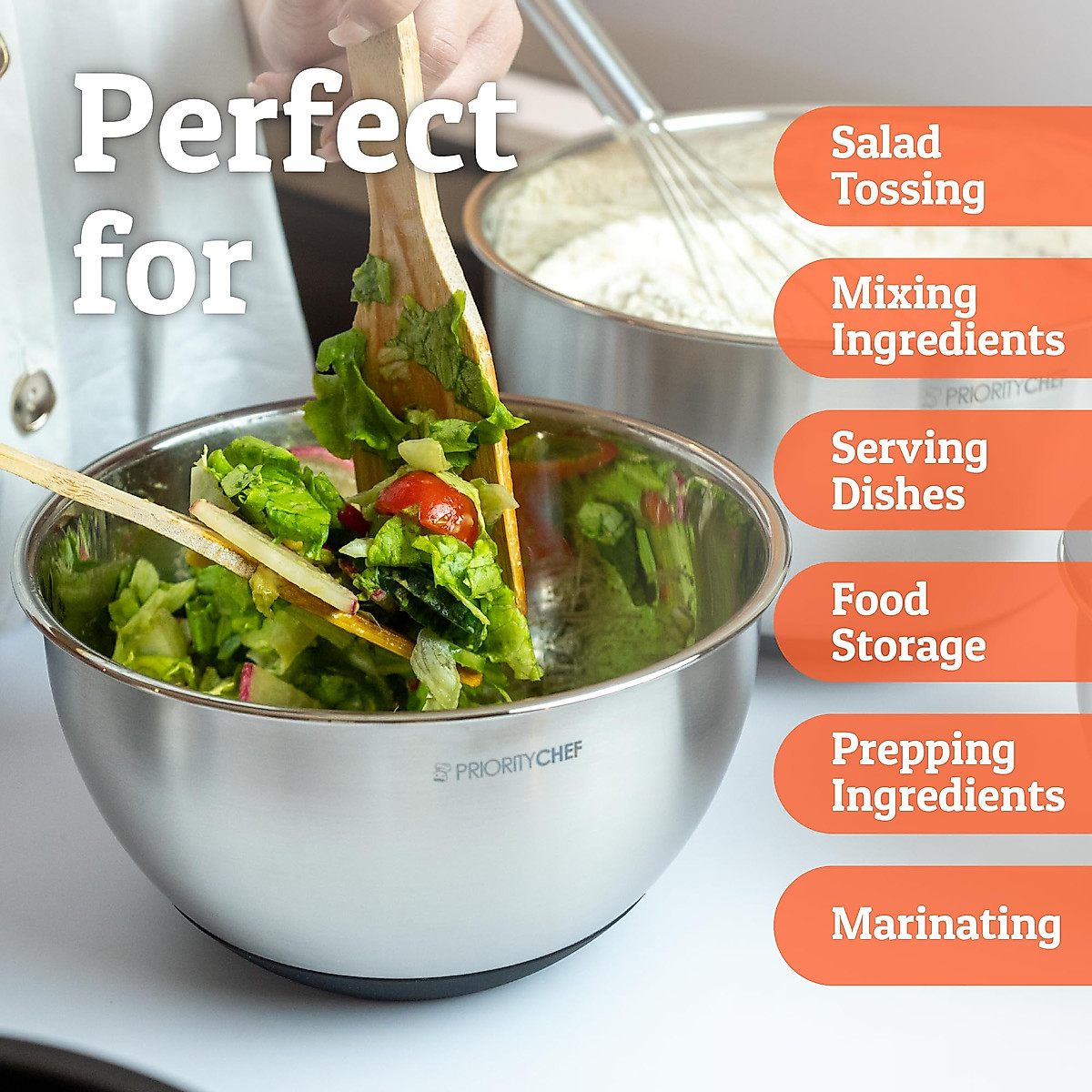 Priority Chef Premium Stainless Steel Mixing Bowls With Airtight Lids - Thick Metal Nesting Bowls for Kitchen, 1.5/2/3/4/5 Quart, Black