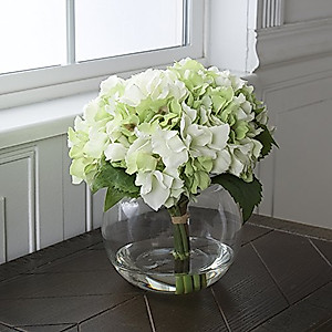Pure Garden Hydrangea Floral Arrangement in Vase - 5-Count Artificial Flowers with Leaves in Faux Water-Filled Decorative Clear Glass Bowl (Green)
