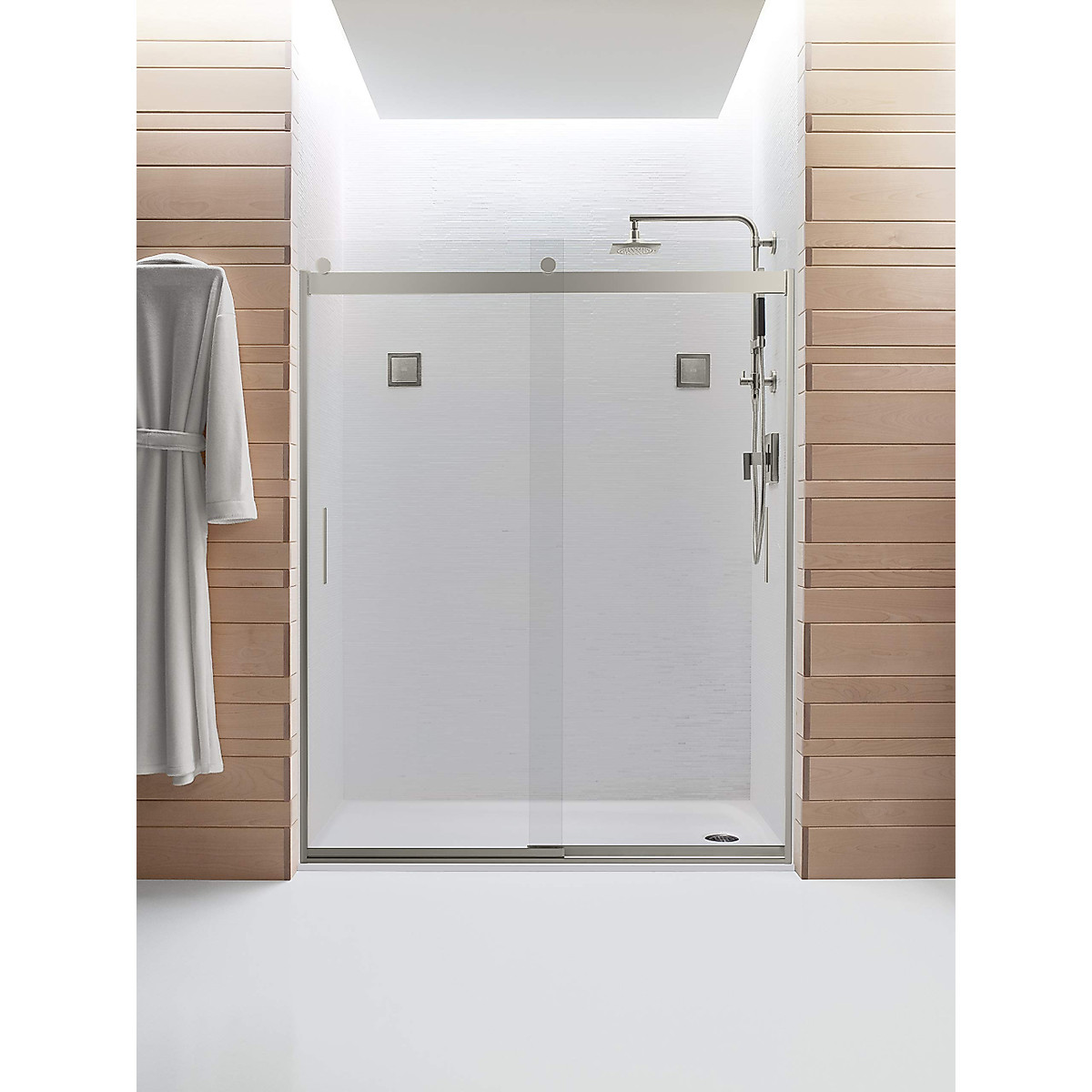 KOHLER Levity® Sliding Shower Door, 74-in H X 56-5/8 - 59-5/8-in W, with 1/4-in Thick Crystal Clear Glass with vertical blade handles, Anodized Dark Bronze