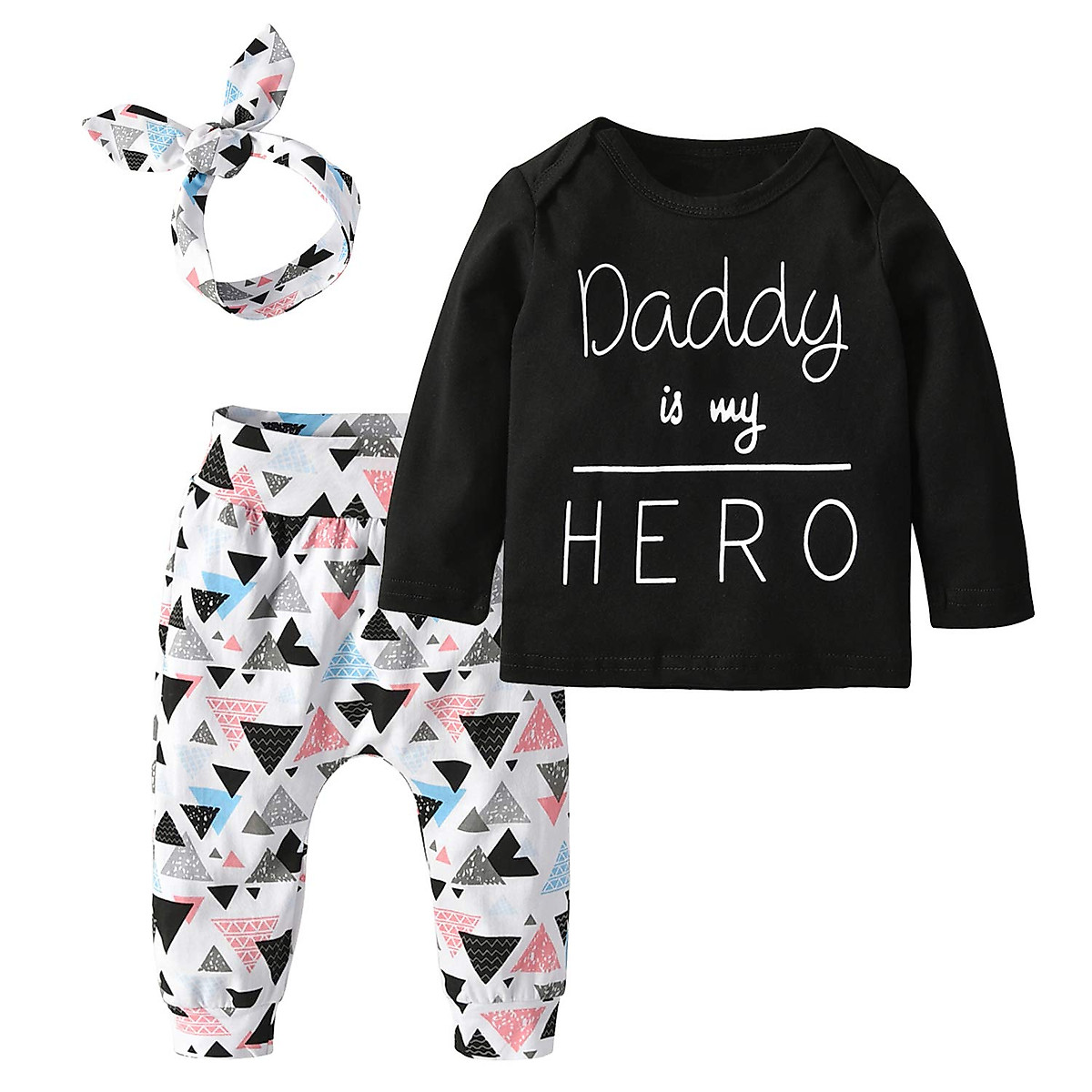 Baby Girls 3Pcs Outfit Set Letters Daddy is My Hero T-Shirt Tops Geometric Pants with Headband (3-6 Months)