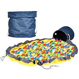 JTJ Sourcing Toy Storage Basket and Play mat - Lego Storage Bag with Drawstring Closure for Fast Cleanup of Building Bricks Small Toys - Swoop Bag - Durable Nylon - Blue