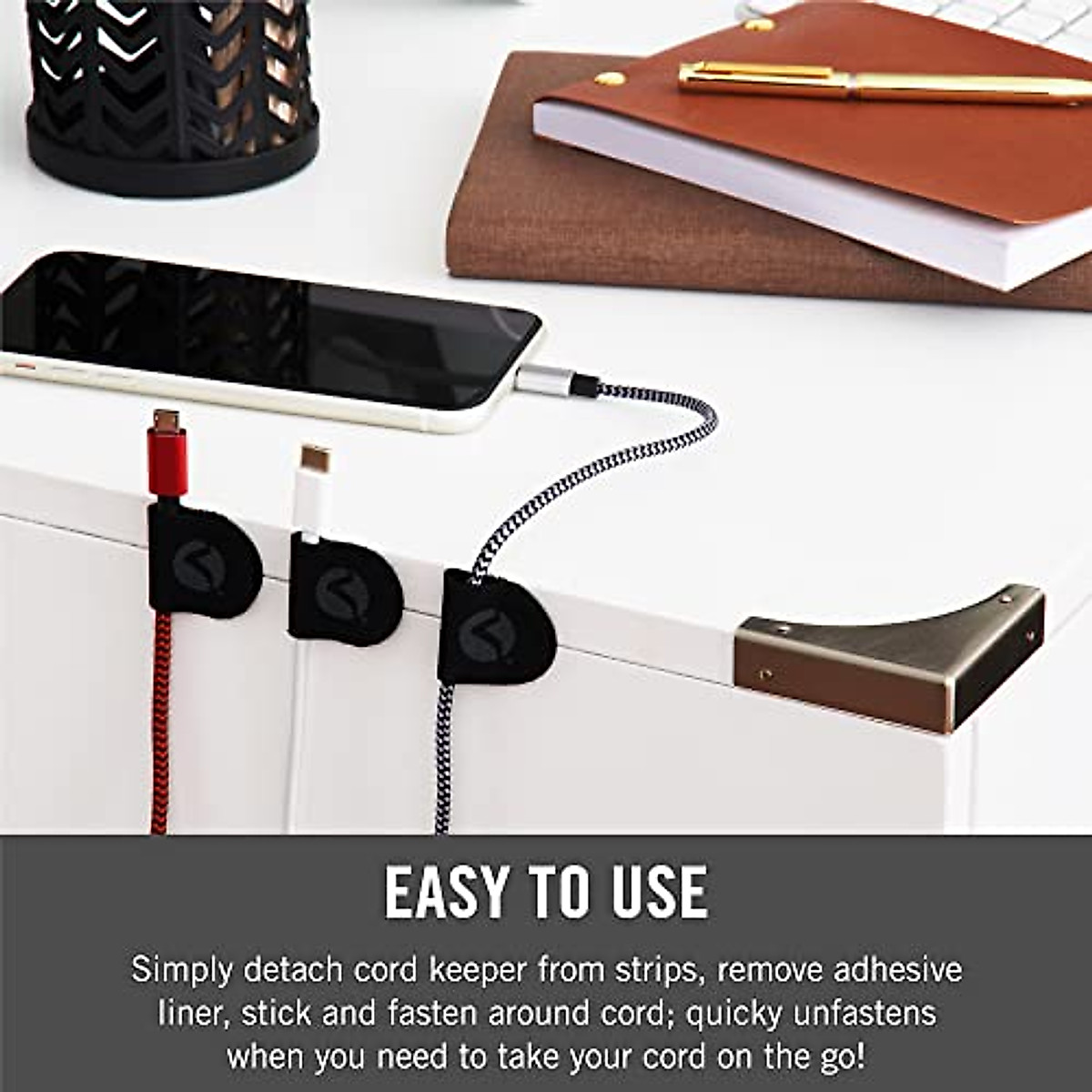 VELCRO Brand Cord Keepers | Soft Nylon Cable Clips Organize Wires in Home, Office, Desk or Nightstand | Removable Adhesive Back Holds Secure, Removes Clean | 10pk, Black