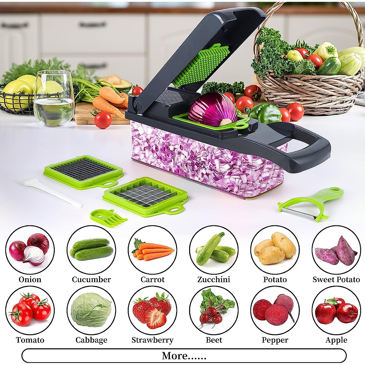 16-in-1 Vegetable Chopper, 8 Blades Veggie Chopper, Practical Onion Chopper with Container, Cheese Slicer, Food Chopper, Salad Chopper, Mandoline Slicer & Cheese Grater For Kitchen(Grey)