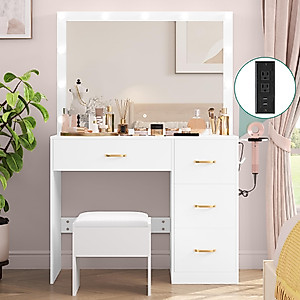 YITAHOME Vanity Desk Set with Large Lighted Mirror & Power Outlet, 3 Color Lighting Modes, Makeup Vanity Table with 4 Drawers, Storage Bench, Bedroom, White