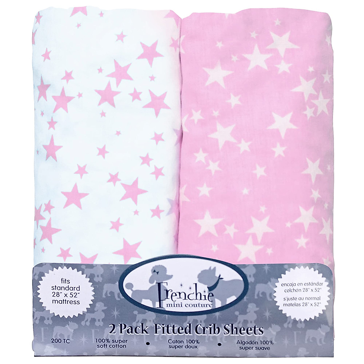 Frenchie Mini Couture Fitted Crib Sheets 100% Woven Cotton Fits Toddler Mattress, Pink Stars, 28 x 52inx8in, 2-Pack