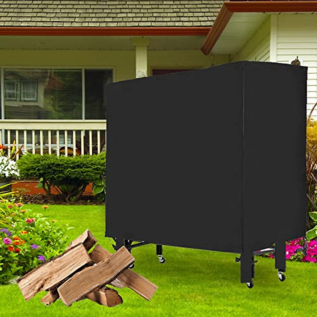 Kweetle 4FT Outdoor Firewood Rack with Wheels and Weather-proof Cover, Log Storage Stand Metal Fire Wood Holder Heavy Duty Firewood Cart for Firewood