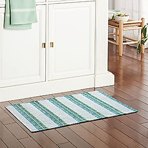 Martha Stewart Stella Ticking Stripe Slip-Resistant Kitchen Mat, Mint Green/White, 20"x36"