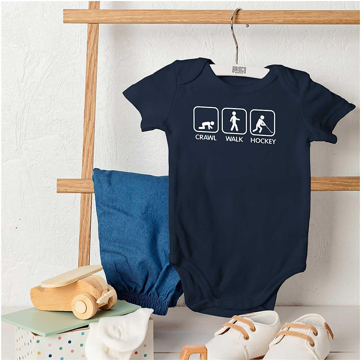 Brisco Brands Crawl Walk Hockey Street Sign Humor Baby Romper Boys or Girls