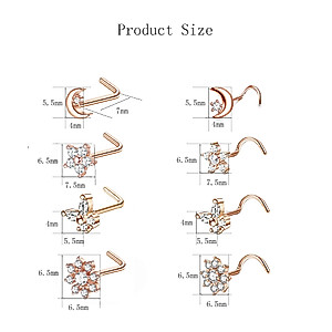 Yachy 8Pcs 20G 316L Stainless Steel Cute L S Shaped Nose Studs CZ Round Butterfly Flower Nose Rings Daisy Snowflake Star Moon Screw Nose Rings Small Body Piercing Jewelry for Women Men, Stainless