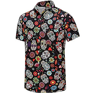 KYKU Sugar Skulls Shirts for Men Graphic Button Up Shirt, Colourful, X-Large