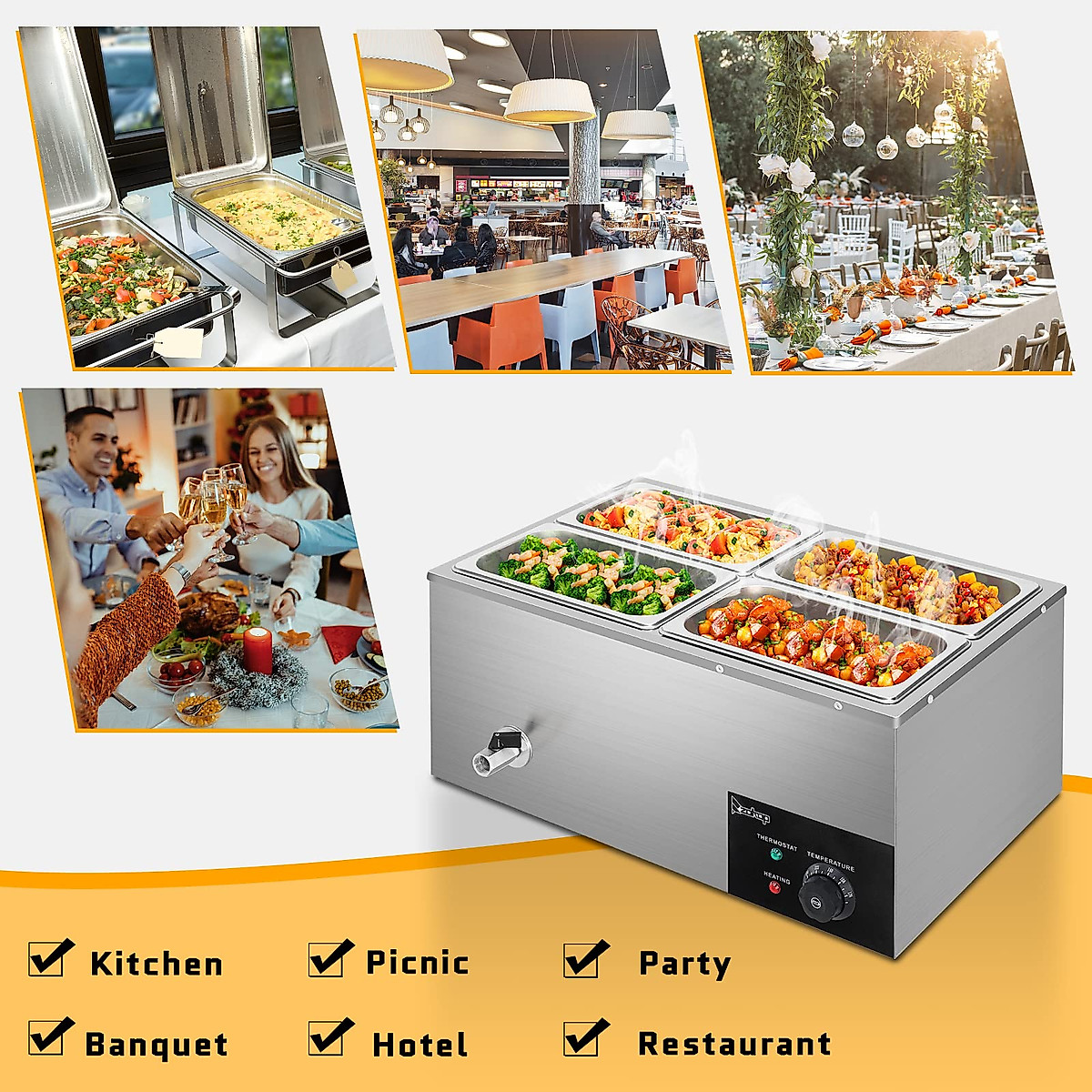 600W Commercial Food Warmer 5L x 4 Stainless Steel Plates Heating Food Warming Soup Pool 30-85°C/86-185°F
