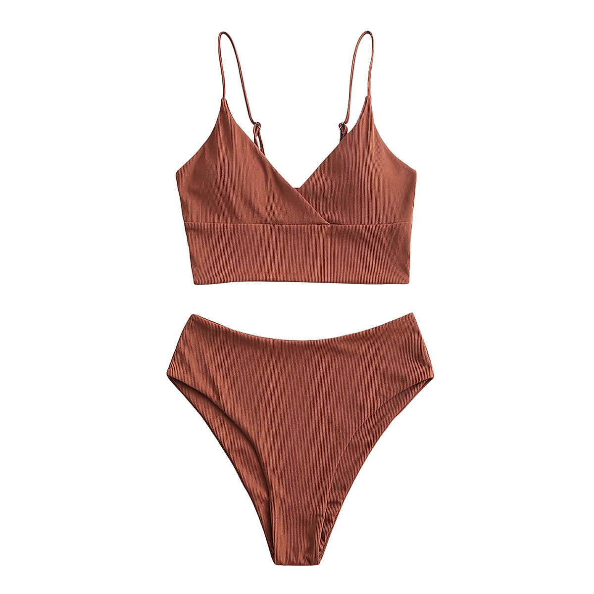 ZAFUL Women Tankini Set, Ribbed High Cut Surplice Swimsuit Bathing Suit with Spaghetti Straps (0-Coffee-Surplice,XL)