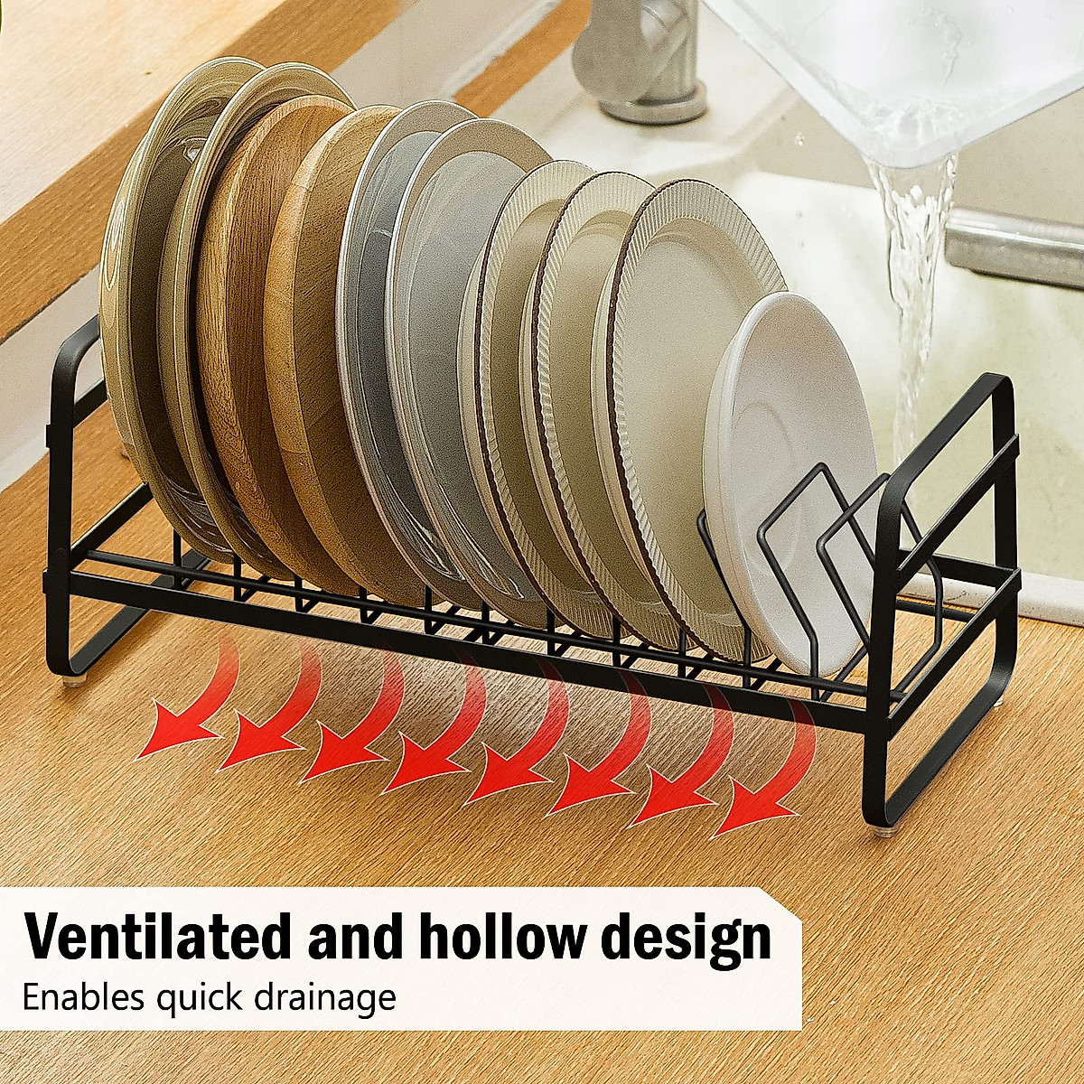Poeland Dish Drying Rack with Drain Pan, Plate Pot Lid Holder and Dish Drainer for Kitchen Counter Cabinet