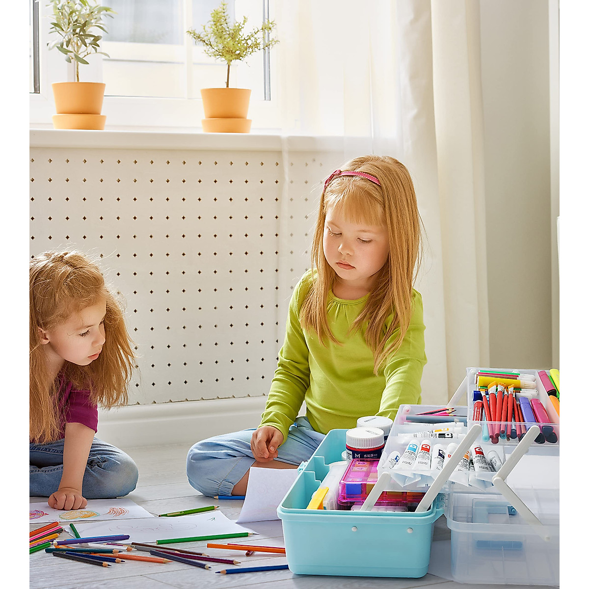 3 Layers Plastic Portable Storage Box, Multipurpose Organizer and Storage Case for Art Craft and Cosmetic, Portable Handled Storage Box for Home, School, Office, First Aids (Pink)