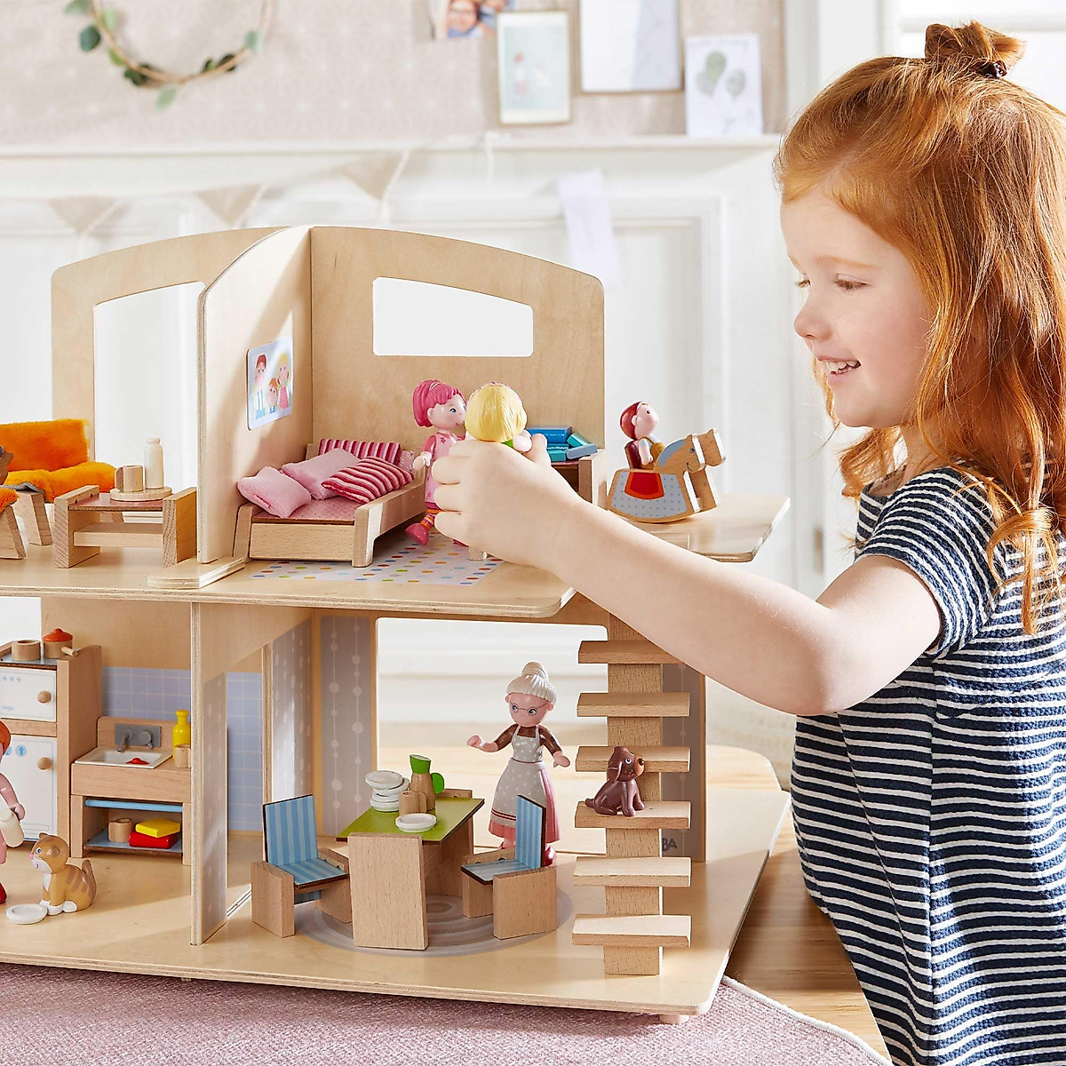 HABA Little Friends Dollhouse Town Villa with 10 Pieces of Furniture