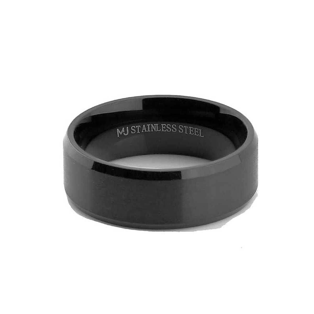 MJ Metals Jewelry Custom Engraved 8mm Black Plated Stainless Steel Brushed Center Beveled Edge Band Ring Size 11