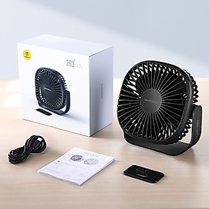 SMARTDEVIL Small Rechargeable Desk Fan, 3 Speeds 2000mAh Portable Personal Battery Operated Desktop Fan with Pasteable Hook, Dual 360° Adjustment Quiet Table Fan, for Home Office Outdoor (Black)
