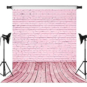 Mocsicka Pink Brick Wall with Wood Floor Photography Backdrop 5x7ft Vinyl Newborn Baby Photoshoot Children Kids Potrait Background Photo Booth Studio Props