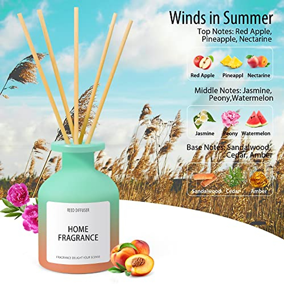 Reed Diffuser, Reed Diffuser Set, Oil Diffuser with 6 Reed Sticks for Room, for Mom, Home Fragrance Products Winds in Summer 3.4oz/100ml Valentines Day Gifts