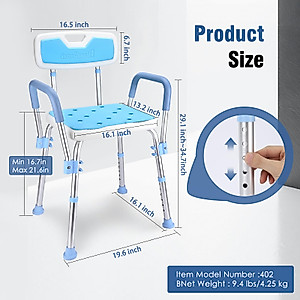 BlessReach Easily Assembled Portable Shower Chair Seat, Adjustable Shower Bench with Arms, Shower Lift Chair with Storage Bags.