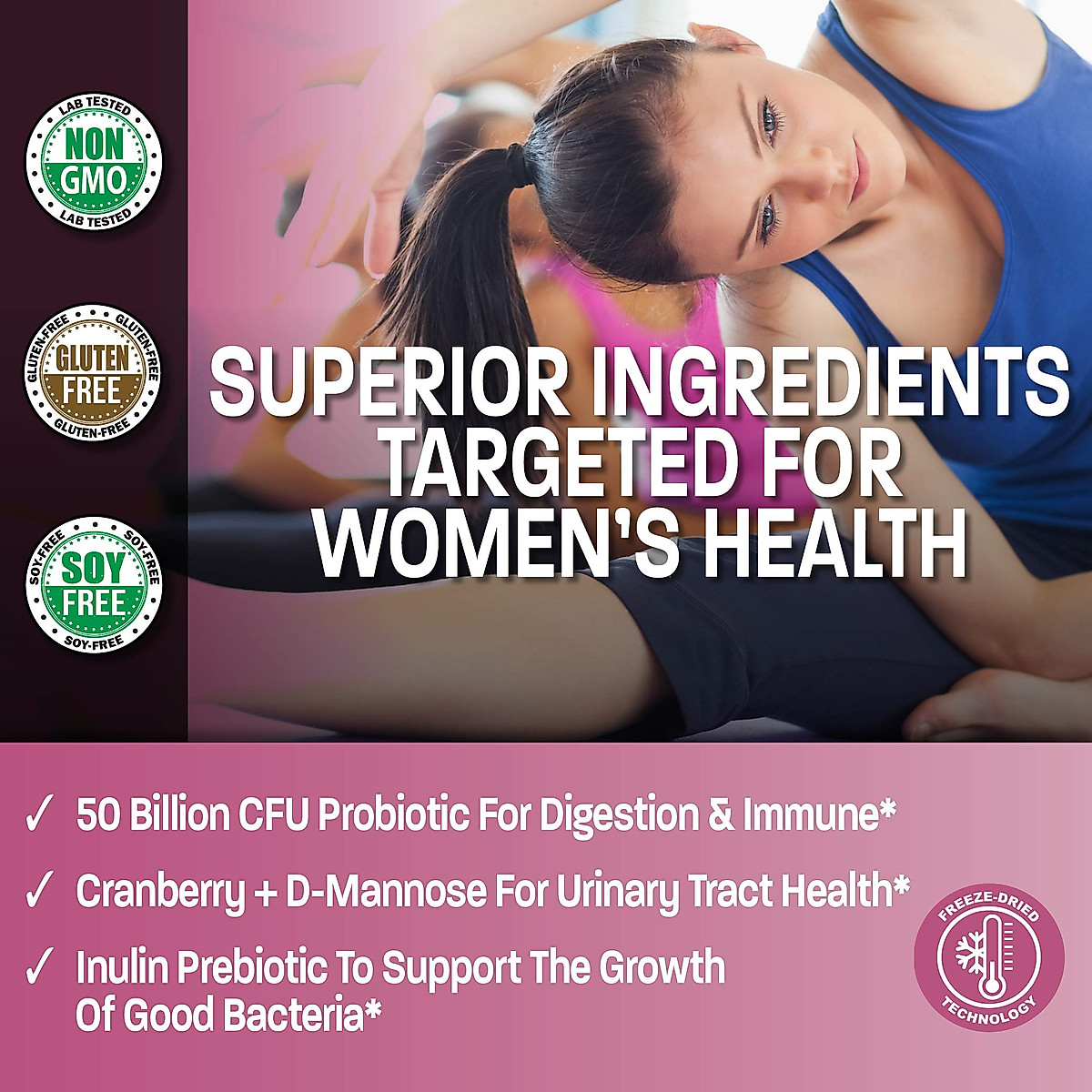 Bronson Women's Probiotic 50 Billion CFU + Prebiotic with Cranberry & D-Mannose – Vaginal Health, Healthy Digestion, Immune Function and Urinary Tract Support, Non-GMO, 60 Vegetarian Capsules