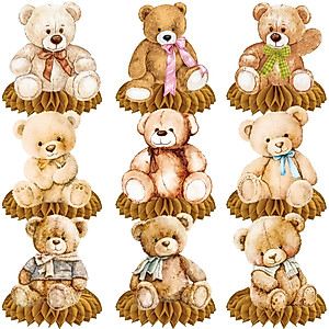 10pcs Bear Baby Shower Honeycomb Centerpieces Bear Birthday Party Supplies Bear Baby Shower Decorations Teddy Bear Table Toppers for Teddy Bear Themed Baby Shower We Can Bearly Wait Party Supplies