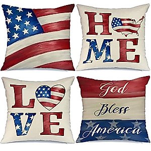 GEEORY 4th of July Decorations Pillow Covers 18x18 Set of 4 Memorial Day American Flag Stars and Stripes Patriotic Throw Pillow Covers Love America Pillows Case Independence Day Decor