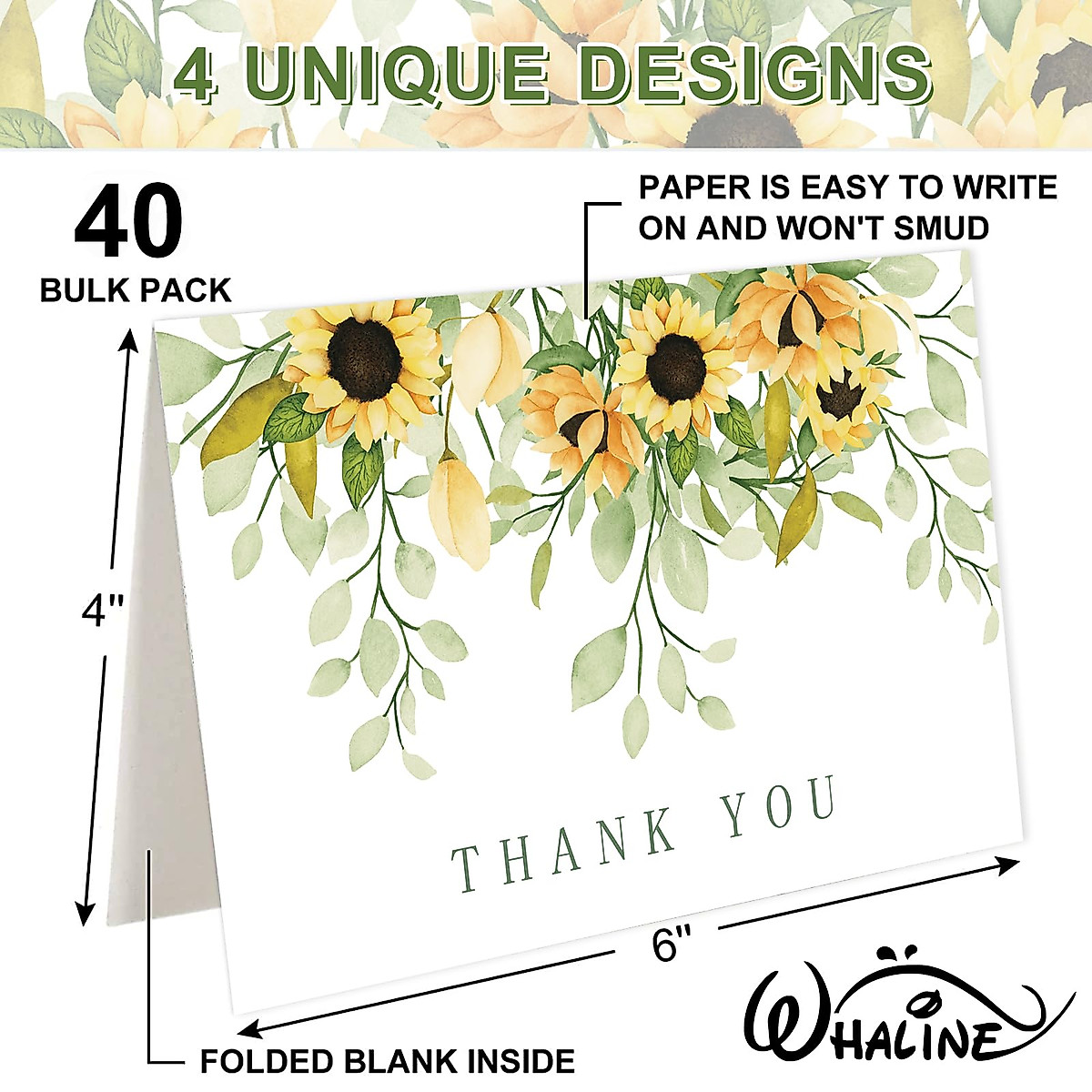 Whaline 40 Pack Sunflower Thank You Cards with Envelopes Stickers Watercolor Floral Greeting Cards Spring Summer Flower Blank Note Cards for Wedding Baby Shower Bridal Birthday Party, 4 x 6 Inch