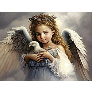QAZWSX Angel Girl and Dove Diamond Painting, an Angle and A White Bird DIY 5D Diamond Art Kit for Adults Kids Round Full Drill Diamonds Crystal Rhinestone Paint Christmas Gift Decor 16x12 inch