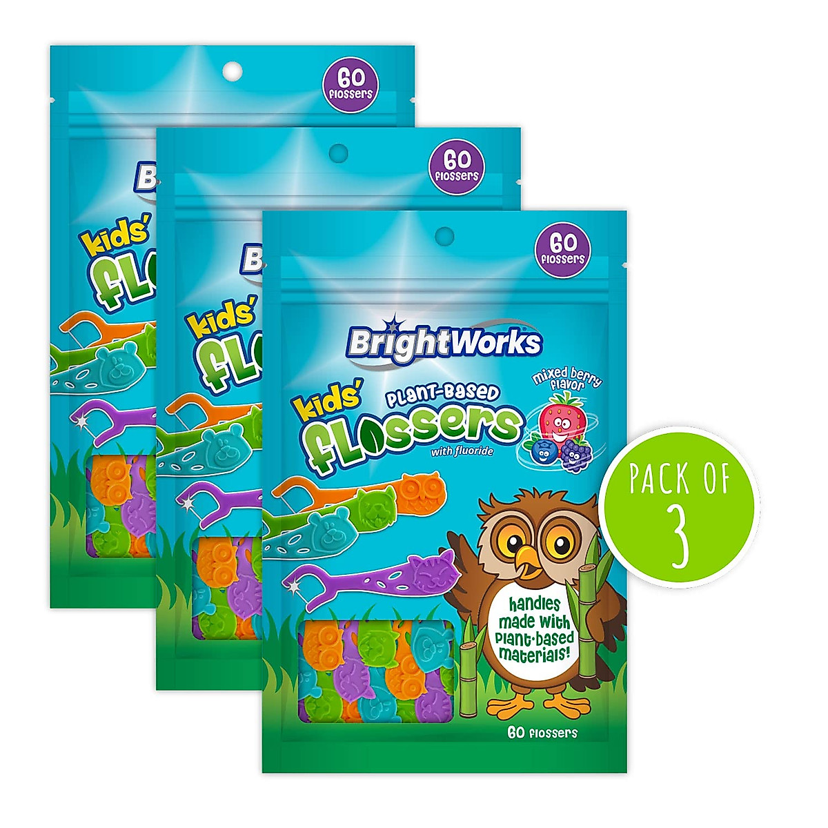 BrightWorks Kids’ Mixed Berry Dental Flossers [180 Floss Picks], plant-based handles, Colorful Animals add Fun to Support Healthy Habits, Easy-Grip Handle, Fluoride-Coated Floss. 60 count (Pack of 3)