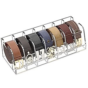 FEMELI Belt Organizer, Acrylic Clear Belt Case Storage Holder for Closet and Drawer, 7 Compartments Belt Box Container with Display Stand