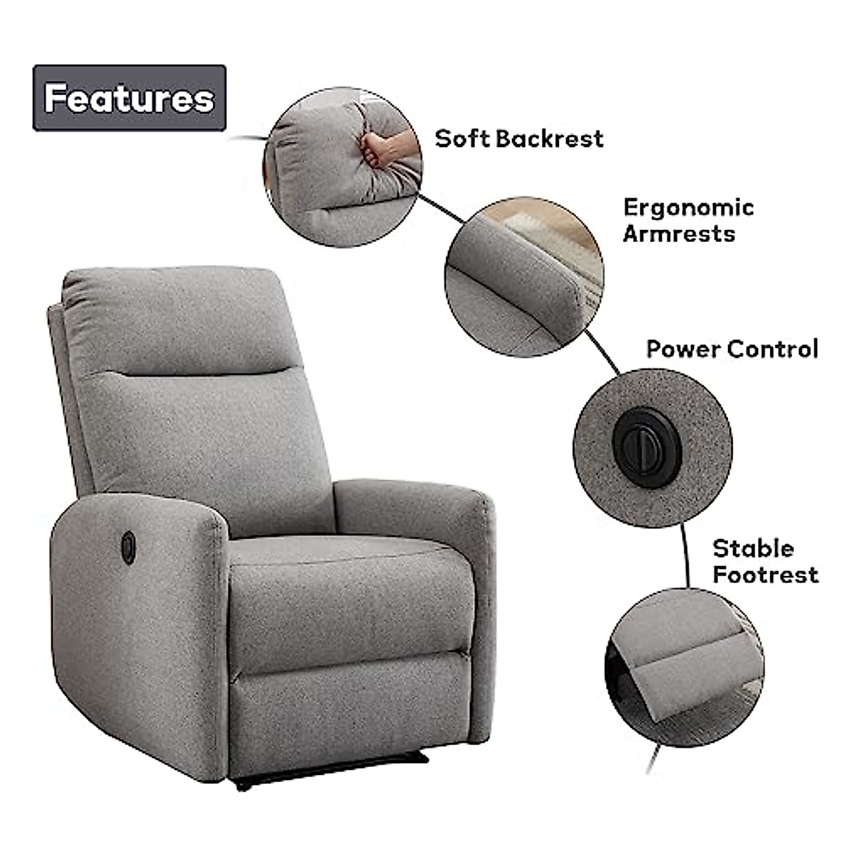 ANJHOME Classic Power Recliner Chair Comfy Reclining Chairs with Adjustable Backrest and Footrest, Heavy Duty Electric Recliners Single Sofa for Living Room (1, Grey)