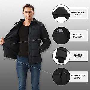 GGleaf Men's Puffer Jacket Down Winter Coat Insulated and Water-Resistant with Hood Removable Black Medium