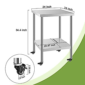 HXCFYP Stainless Steel Table for Prep & Work with Caster 24x24 Inches, NSF Metal Commercial Kitchen Table with Under Shelf and AdjustableTable Foot for Restaurant, Home and Hotel