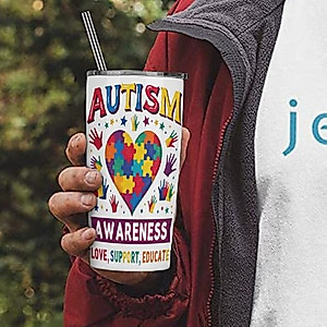 Autism Awareness Heart 20 OZ Stainless Steel Tumbler Travel Car Coffee Mug with Straw Lid Cleaning Brush Coffee Tumbler Mug for Women Men