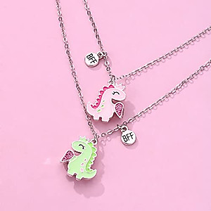 Best Friend Necklace Gifts Friendship Necklace Magnetic Matching BFF Necklace for 2 Girls Sister (Pink Green Dino)