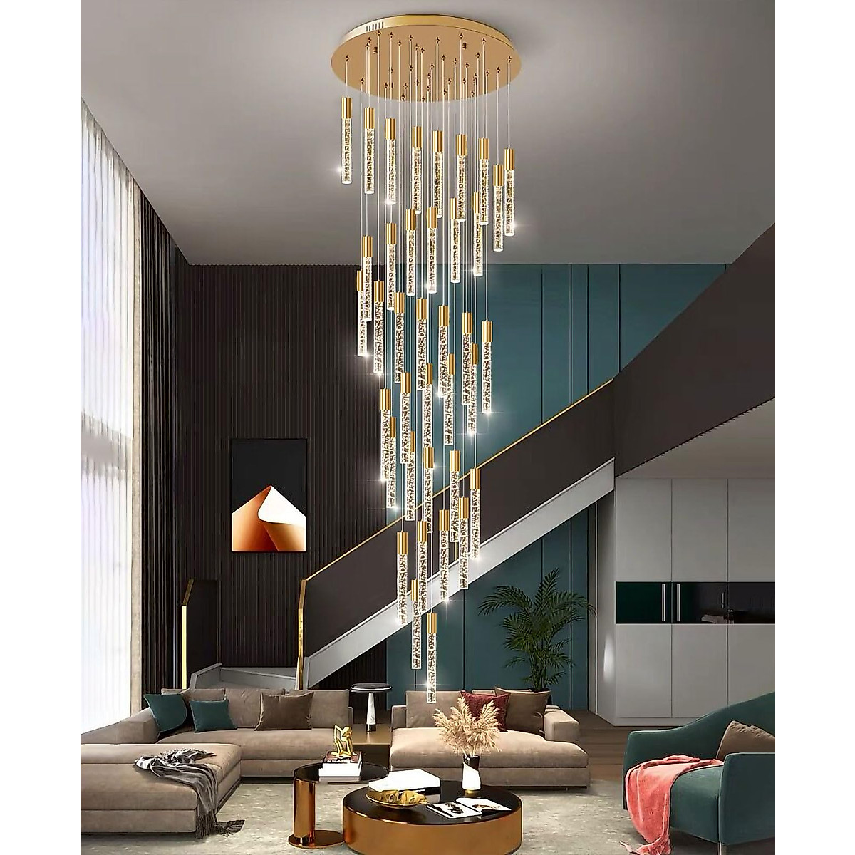 20ft Large Chandeliers for Living Room Gold Modern LED Lights High Ceiling Chandelier for Entryway Dining Room Ceiling Pendant Light Fixtures Sloping Ceiling Adjustable Dimmable Lighting