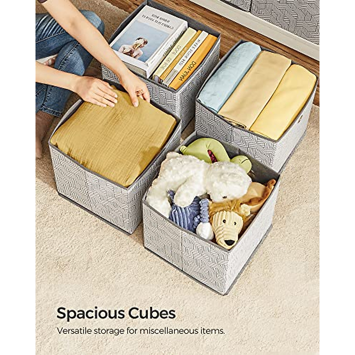 SONGMICS Storage Cubes, Set of 6 Non-Woven Fabric Storage Bins, Cube Drawers for Shelves and Closet Storage, Foldable, for Clothes Toys, Gray with Zigzag Pattern UROB016G01
