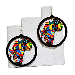 Aijian Ethnic Style Large Round Wood Eardrop African Map Wooden Dangler Earrings for Women (Color-a)