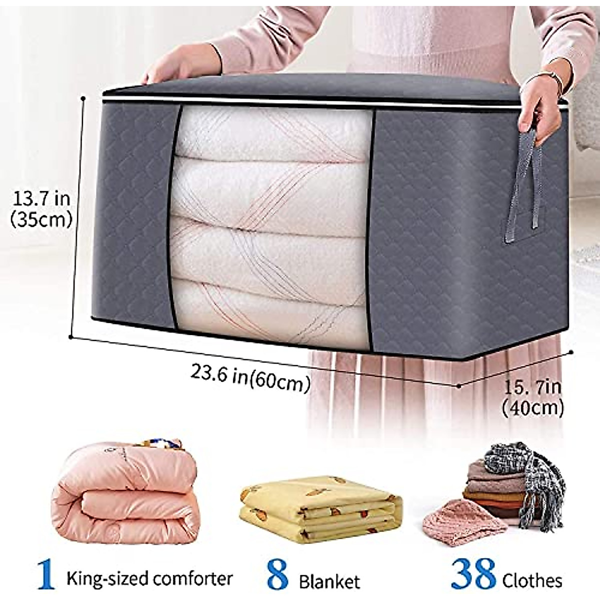 Clothing Storage Bag,Large Capacity Clothes Storage Bag Organizer with Reinforced Handle Thick Fabric for Comforters,Blankets,Bedding,Foldable with Sturdy Zipper, 90L 1-Pack,Clear Window