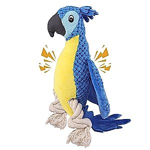 Squeaky Crinkle Dog Plush Toy, Cute Animal with Stuffed Cotton and Rope Knot Legs, Interactive Fun Chew & Play Toy for Puppy Small Medium and Large Breed Holiday Birthday Gift (Blue Parrot)